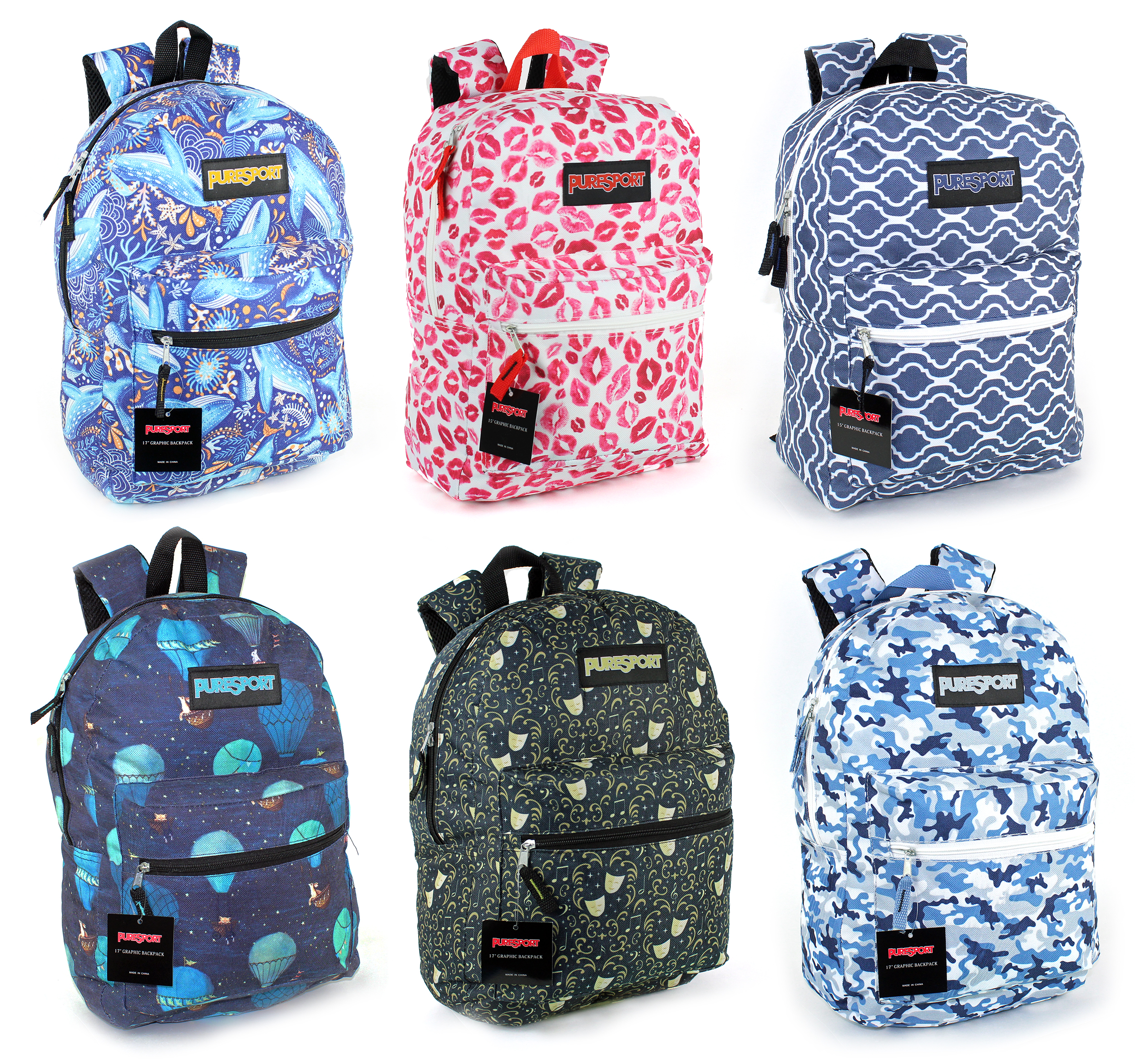 17" PureSport Graphic Backpacks - Assorted Prints